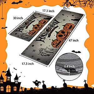 Alishomtll Halloween Kitchen Decor Mats Anti Fatigue 2 Pieces, Non Slip Kitchen Rugs for Halloween Decors, Pumpkin Ghost Black Cat Halloween Rug and Door Mat for Party,17''x29''+17''x47''