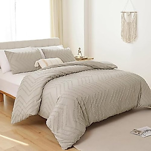 YIRDDEO Boho Chevron Comforter Set Queen Size, 3Pcs Vertical Tufted Lightweight Cream Neutral Bed Set (1 Comforter, 2 Pillowcases)