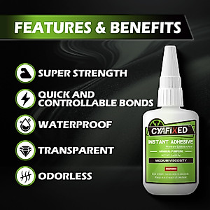 Strong Cyanoacrylate (CA) Super Glue by CYAFIXED - 4 Oz Value Pack -"All Purpose" Medium Viscosity Adhesive, Instant Bonding Glue for General Home Repair, Ceramics, Wood, Glass, Plastics and More