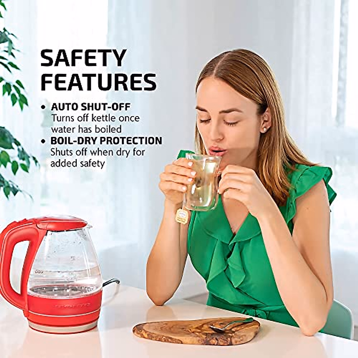 OVENTE Glass Electric Kettle Hot Water Boiler 1.5 Liter Borosilicate Glass Fast Boiling Countertop Heater - BPA Free Auto Shut Off Instant Water Heater Kettle for Coffee & Tea Maker - Red KG83R