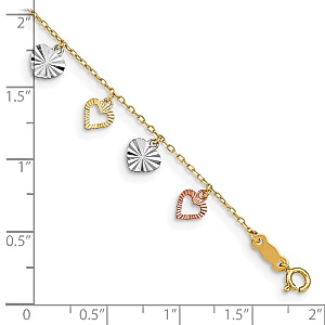 IceCarats 14K Tri Color Gold Heart Love 9 inch Anklet Summer Beach Foot Ankle Bracelet