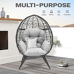 DWVO Egg Chair Patio Rattan Chair with Stand Anti-Slip All-Weather Poratble Adjustable Chair Feet Wicker Egg Lounger Chair for Indoor Outdoor 330LBS (Grey)