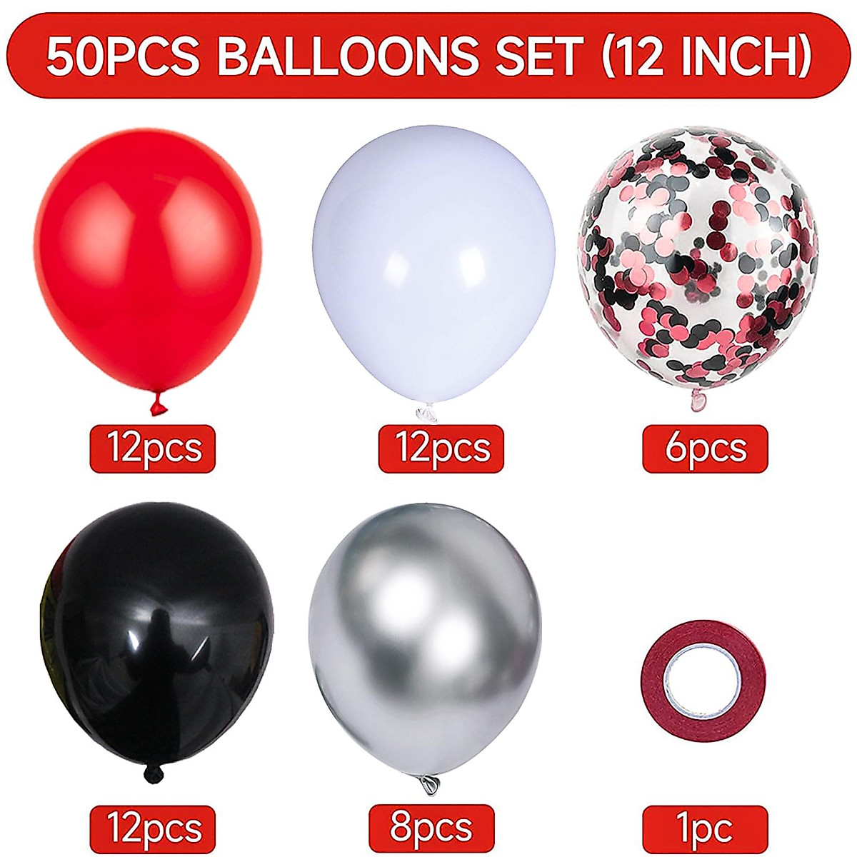 50pcs 12inch Red Black White Silver Balloons and Black Red Confetti Balloons for Graduation Wedding Birthday Baby Shower Party Decorations