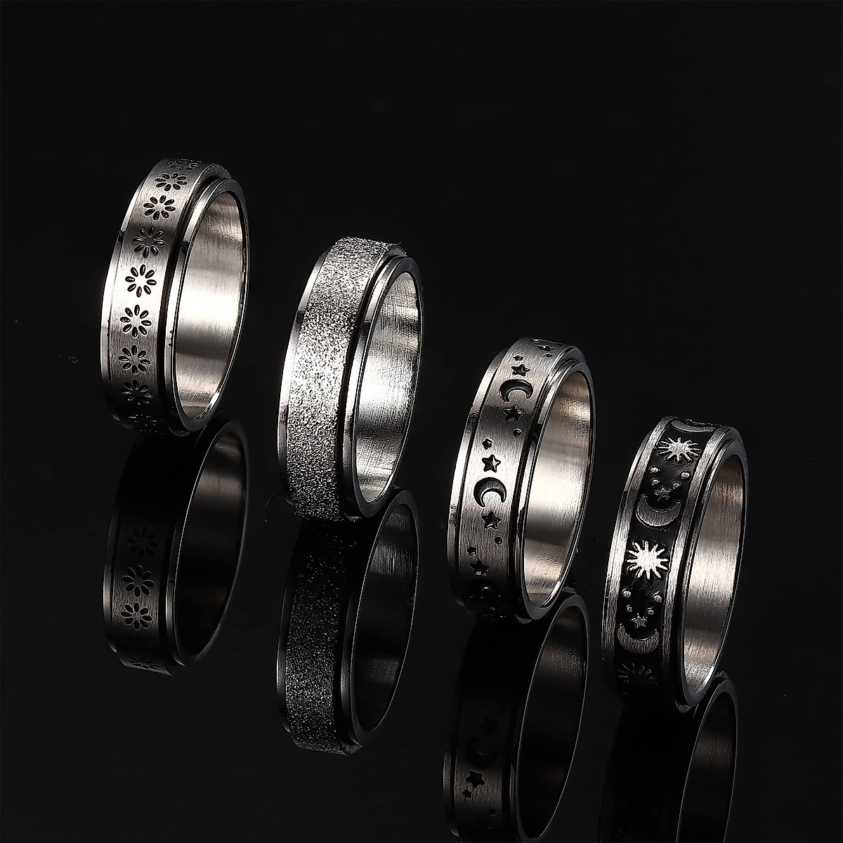 FIBO STEEL Stainless Steel Spinner Ring for Women Men Fidget Band Rings Flower Ring Set for Stress Relieving Wedding Promise Size 7