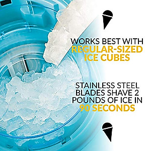 Nostalgia Snow Cone Shaved Ice Machine - Retro Cart Slushie Machine Makes 48 Icy Treats - Includes Metal Scoop, Storage Compartment, Wheels for Easy Mobility - White, Blue