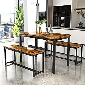 AWQM Dining Table Set with Two Benches, Kitchen Table Set for 4-6 Persons, Kitchen Table of 43.4 x 23.7 x 28.6 Inches, Bench of 38.6 x 11.9 x 17.6 Inches Each, Rustic Brown and Black