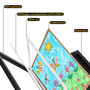 Giftgarden Black Kids Art Frame Changeable, Matted Display 8.5x11 Picture with Mat or 10x12.5 without Mat, Hinged Wood Frames for Children Artwork Projects Drawing Storage, Holds 150Pcs A4