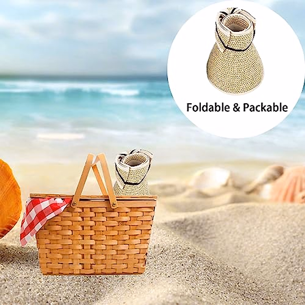 Sun Hat Womens, Summer Beach Visor Hats,Straw Hats Roll-Up Wide Brim Ponytail Hats UV UP Packable Foldable for Traval, Khaki