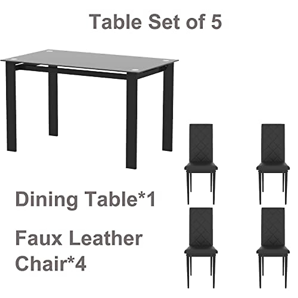 Yoglad Dining Table and Chairs, Dining Table/Chairs Set, Simple Style Table with Tempered Glass Top, Clean-Cutting Faux Leather Chairs, for Kitchen & Dining Room (Chairs*4 & Table*1, Set of 5, Black)