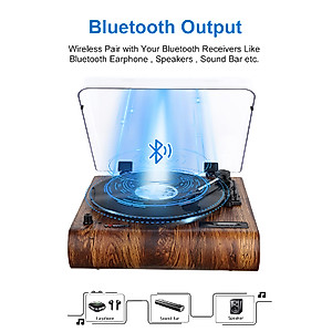 VOSTERIO Bluetooth Record Player, 3 Speed Turntable with Built-in Speakers, Retro LP Vinyl Player with BT Input & Output, FM Radio, USB & SD Card Recording, Aux in, LED Display