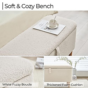 Boucle Storage Ottoman Bench for Bedroom end of Bed, Sherpa Upholstered Shoe Seat Storage Beach for Entryway Bed Foot, Rectangle Cushion Padded Blanket Chest Cute for Living Room, White