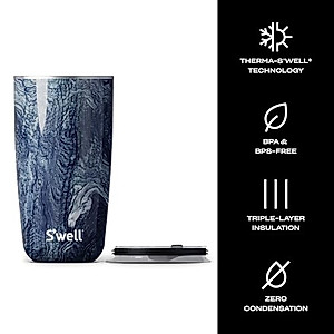 S'well Stainless Steel Tumbler with Slide-Open Lid, 18oz, Azurite Marble, Triple Layered Vacuum Insulated Containers Keeps Drinks Cold for 12 Hours and Hot for 4, BPA Free