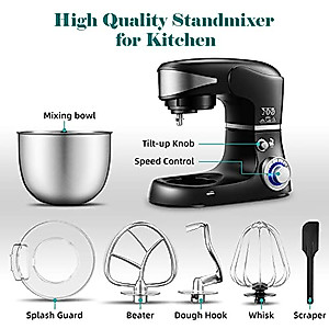 Stand Mixer Electric Stand Mixer Kitchen Mixer 6 Speeds 5.5QT Large Food-Grade Stainless Steel bowl/Dough Hook/Whisk/Beater/Splash Guard,for Baking,Bread,Cakes,Cookie,Pizza,Sauce,Cream