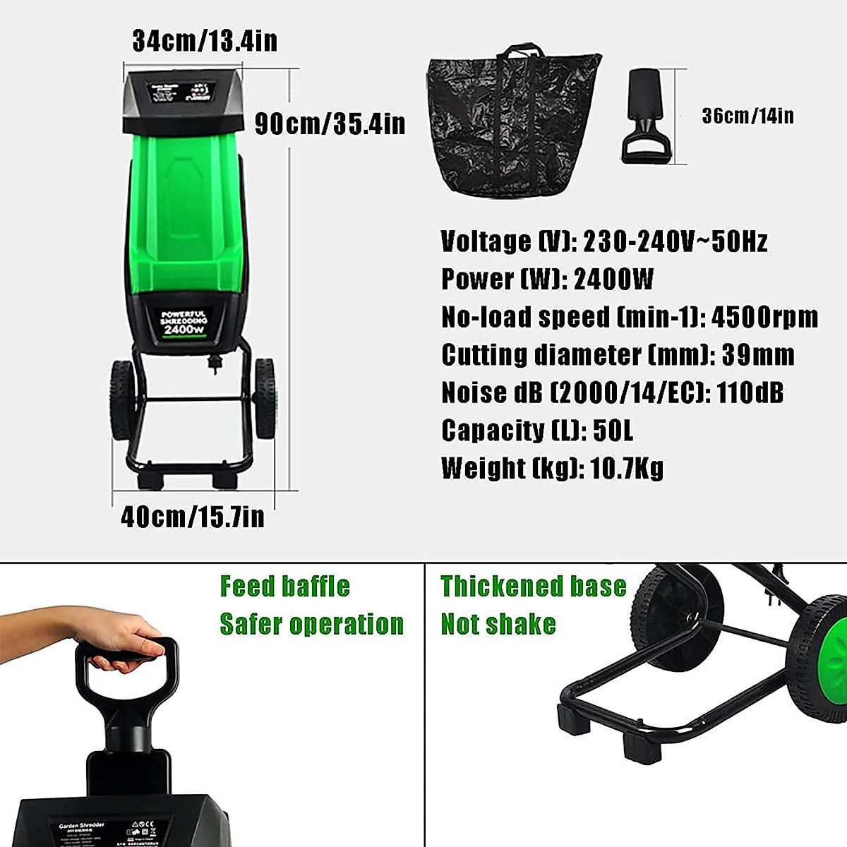 FHB Electric Garden Shredder, 2400W Wood Chipper with 50L Collecting Bag, Max 1.77-in Cutting Diameter, for Lawn and Garden Use,Chippers+20M Power line