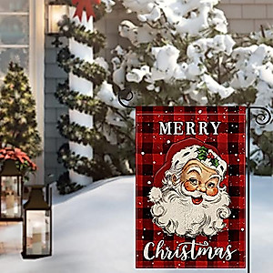 AVOIN Merry Christmas Watercolor Buffalo Check Plaid Santa Claus Garden Flag Vertical Double Sided, Winter Holiday Yard Outdoor Decoration 12.5 x 18 Inch