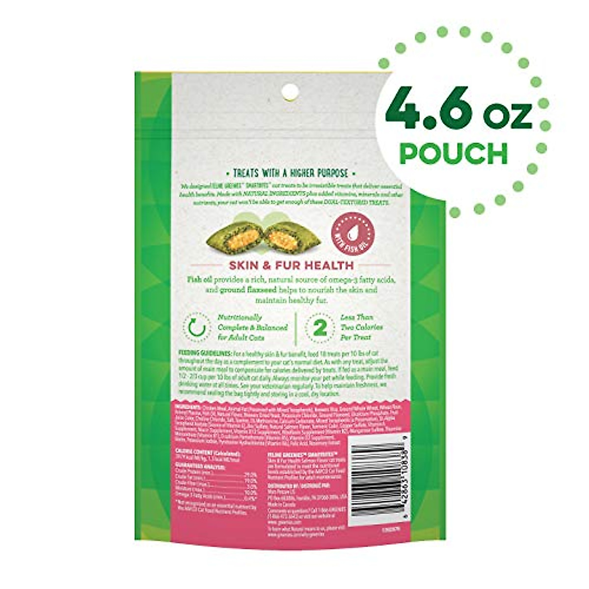 FELINE GREENIES SMARTBITES Skin & Fur Health Crunchy and Soft Natural Cat Treats, Salmon Flavor, 4.6 oz. Pack