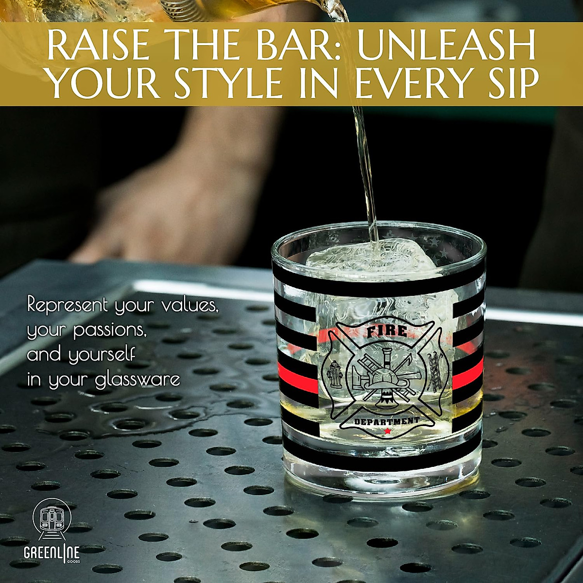 Greenline Goods Thin Red Line Firefighter Whiskey Old Fashioned Glasses (Set of 2) - 10 oz - Classic Glass Drinkware with Fire Fighter Flag Graphics -Shows Support for First Responders