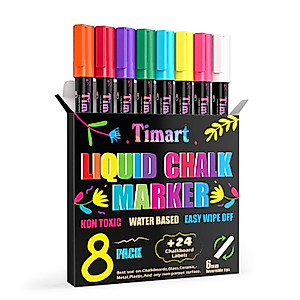 Timart Liquid Chalk Markers, 6mm Bold Tip Chalk Pens, Dry Erase Marker Pens for Chalkboards, Signs, Blackboards, Windows, Glass- Reversible Tip, First Day of School Board Chalk Pens (Classic)