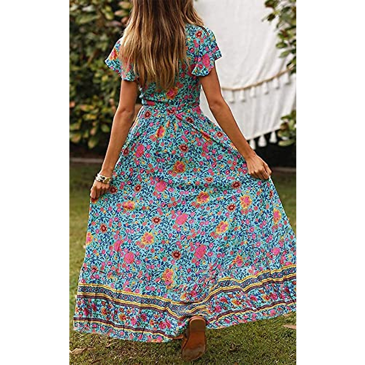 ZESICA Women's 2023 Bohemian Floral Printed Wrap V Neck Short Sleeve Split Beach Party Maxi Dress,Green,Medium