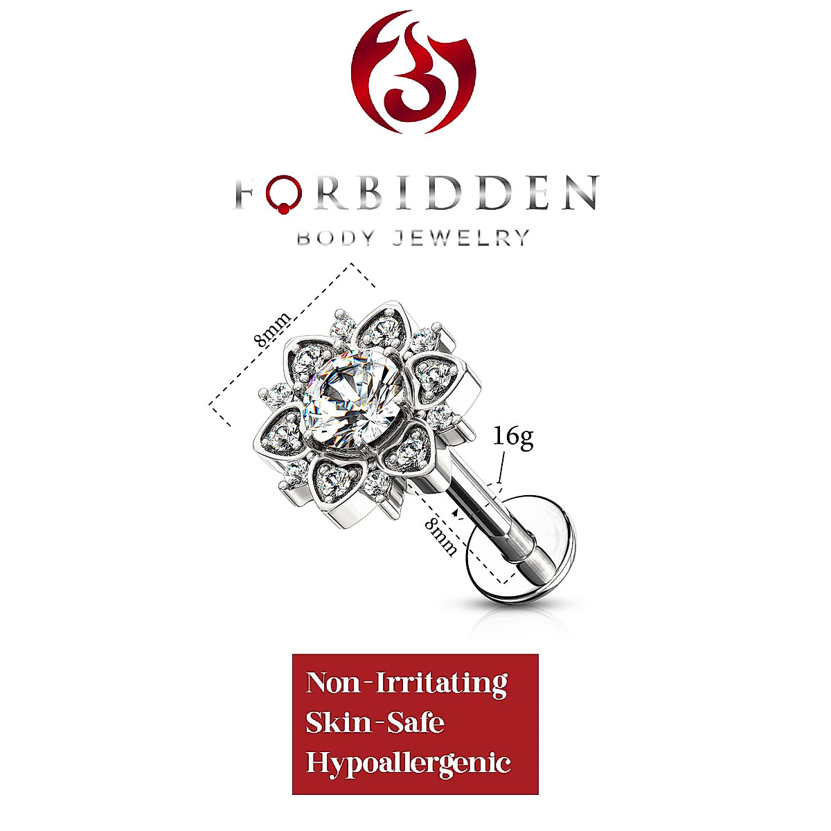 Forbidden Body Jewelry 16g 8mm Internally Threaded Cartilage, Tragus, Labret, Monroe Stud w/CZ Floral Top, Rhodium Plated