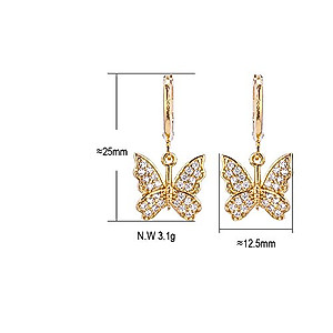 INENIMARTJ Butterfly Earrings Butterfly Dangle Earrings 14K Gold Small Crystal Butterfly Hoop Earrings for Women