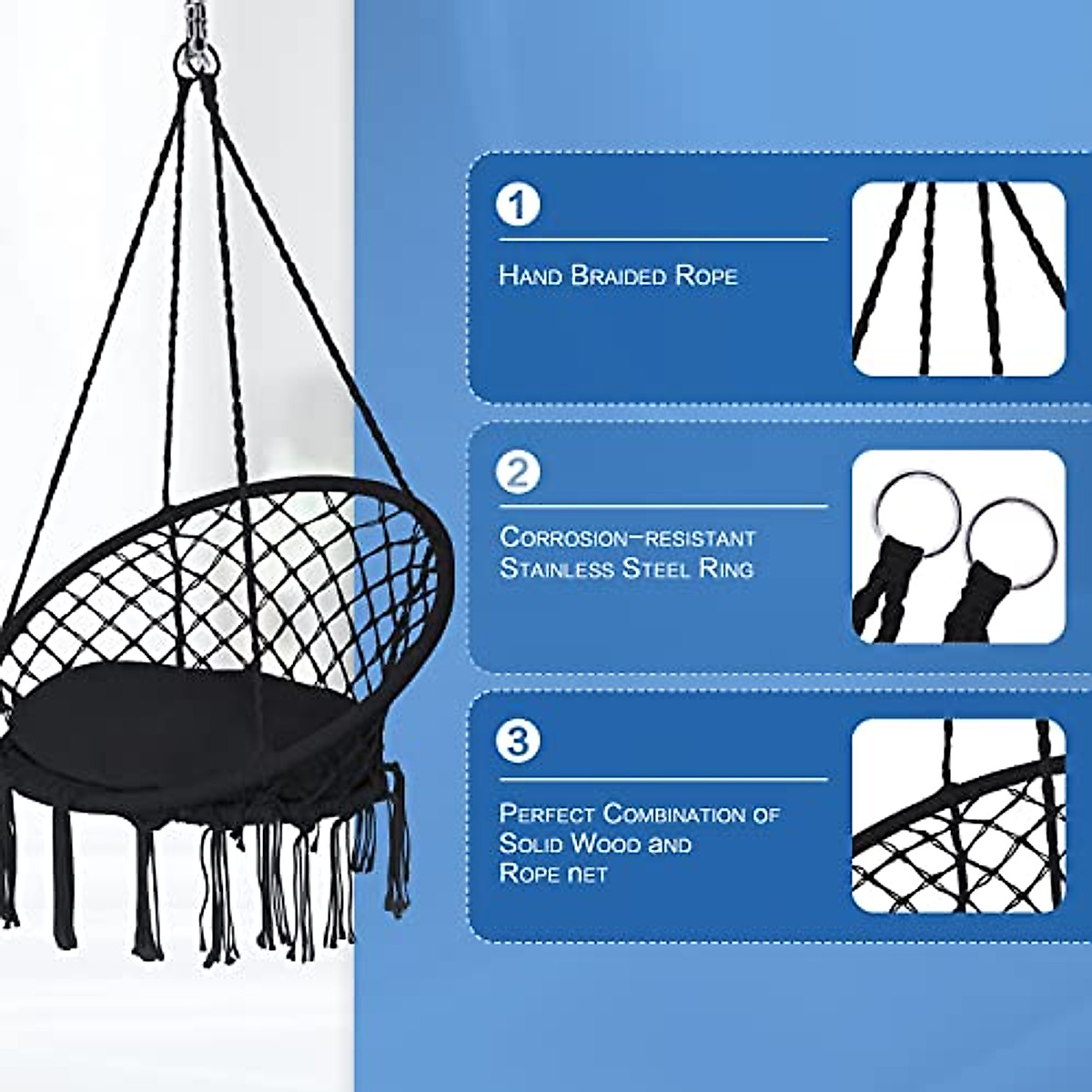 HFKJ Hammock Chair Hanging Rope Swing with Hardware and Cushion Handmade Knitted Mesh Hanging Chair with Macrame for Bedroom Patio Yard Garden, Max 330 Lbs…