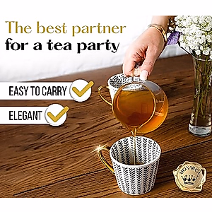 Monarca Set of 4 Mugs with Gold Tea Spoons, Ceramic with Real Gold Plated Handle, Aesthetic, Hand Painted 12 oz Elegance Colors Black, White and Gold