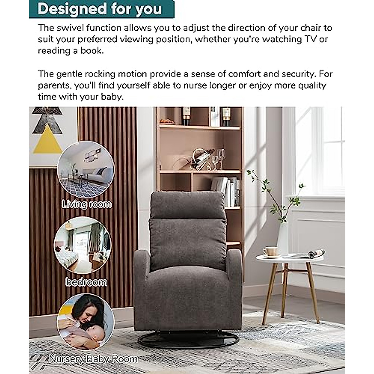 JOYBASE Swivel Rocking Chair, Swivel Glider Rocker Nursery Chair, Nursing Rocking Accent Chair with High Backrest, Modern Comfy Lounge Chair Armchair for Living Room, Nursery, Bedroom (Dark Grey)