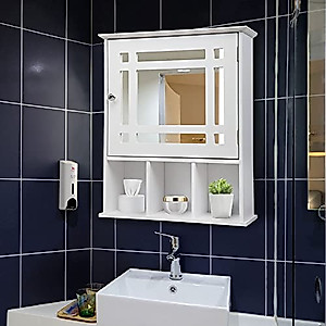 Sandinrayli Bathroom Wall Cabinet, Bathroom Mirror Cabinet with Mirror,Wood Medicine cabinets for Bathroom with Adjustable Shelf & 3 Open Compartments,(White)