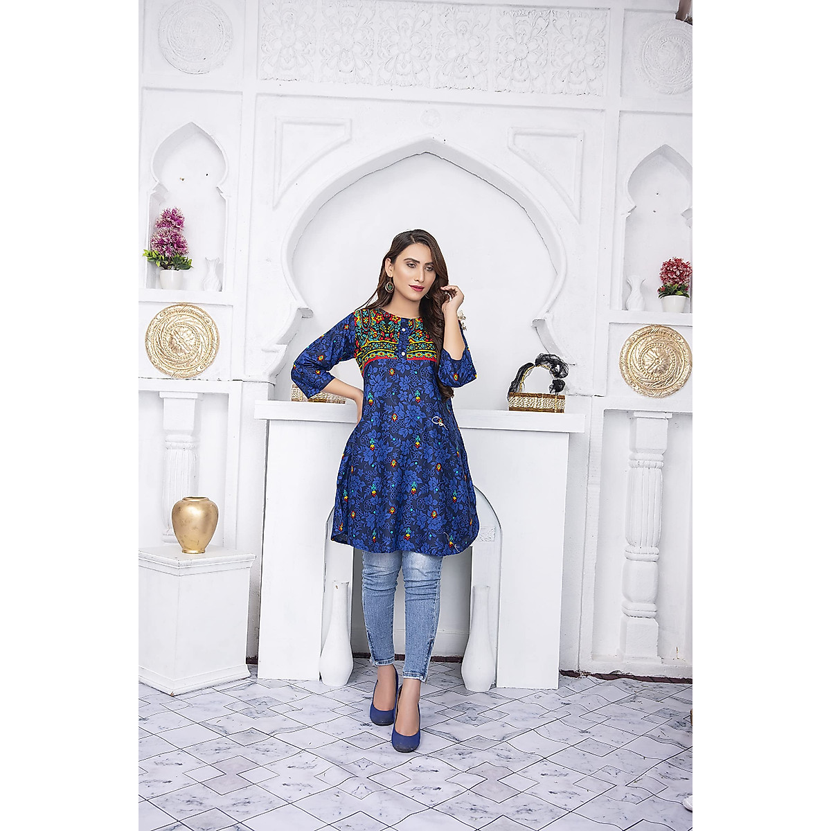 IshDeena Pakistani Kurtis for women Indian Style Cotton Tunics Womens Tops Printed Lawn (Small, Midnight Blue)