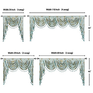 JADE POKE European Floral Valance for Windows Waterfall Valances for Living Room Aqua Tassels Valance for Bay Window - Damask Valance with Beads Swag Valance for Party Rod Pocket (1 Panel, W59 Inch)