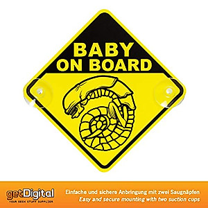 getDigital Chestburster Baby on Board Car Window Sign - Yellow Safety Sign with 2 Suction Cups inspired by the Sci-Fi Alien Movies - 6.3 x 6.3 inch