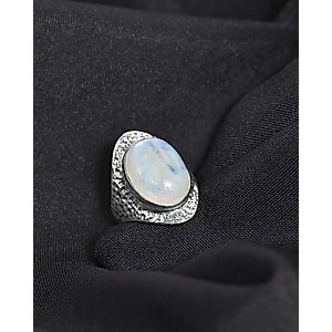YoTreasure Rainbow Moonstone 925 Sterling Silver Hammered Bold Ring