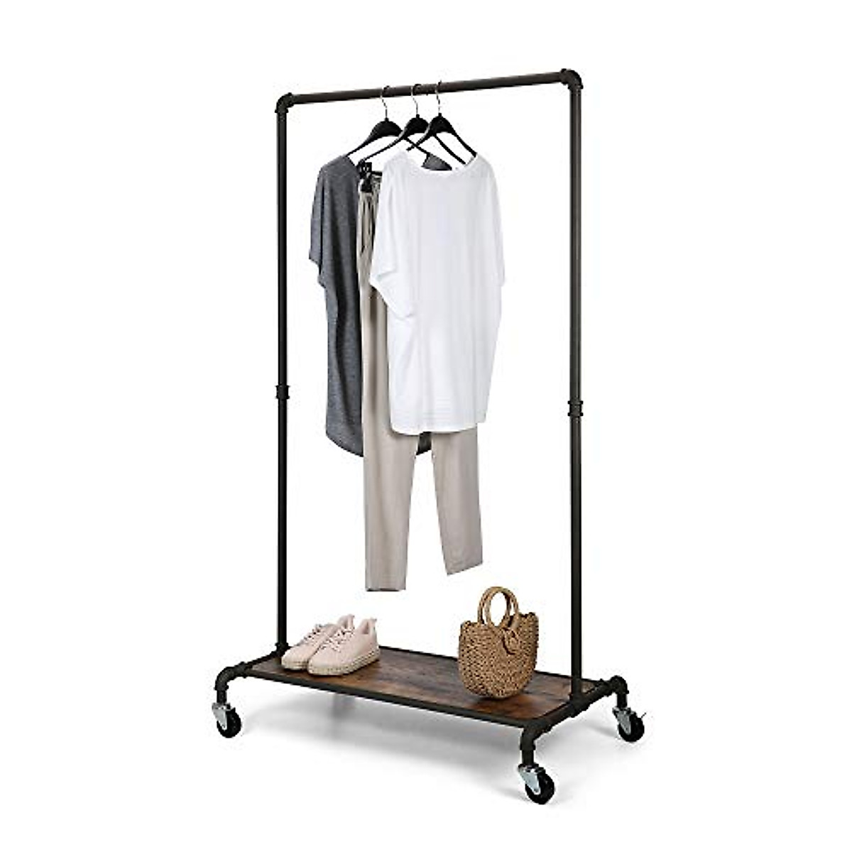 Real Home Innovations Modern Industrial Style Garment Rack with Wood Shelf, Satin Pewter