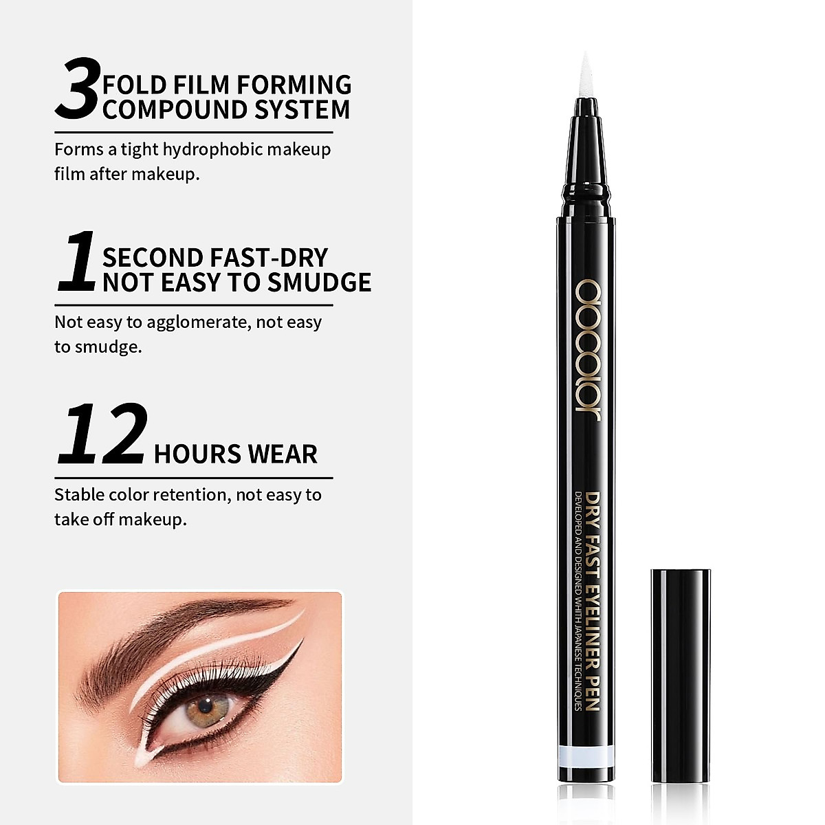 Docolor Waterproof Eyeliner Pen Longwearing with Ultra-Fine Tip Liquid Eye Liner (White)