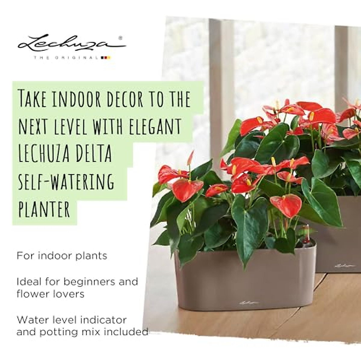 Lechuza 15460 Delta 10 Indoor and Outdoor Use, 12" x 4" x 5", Self Watering Planter, 30cm, White High Gloss