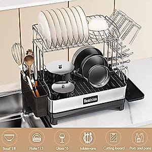 romision Dish Rack and Drainboard Set, 304 Stainless Steel 2 Tier Large Dish Drying Rack with Swivel Spout, Dish Strainer for Kitchen Counter with Utensil Holder, Cup Rack, Water Tray
