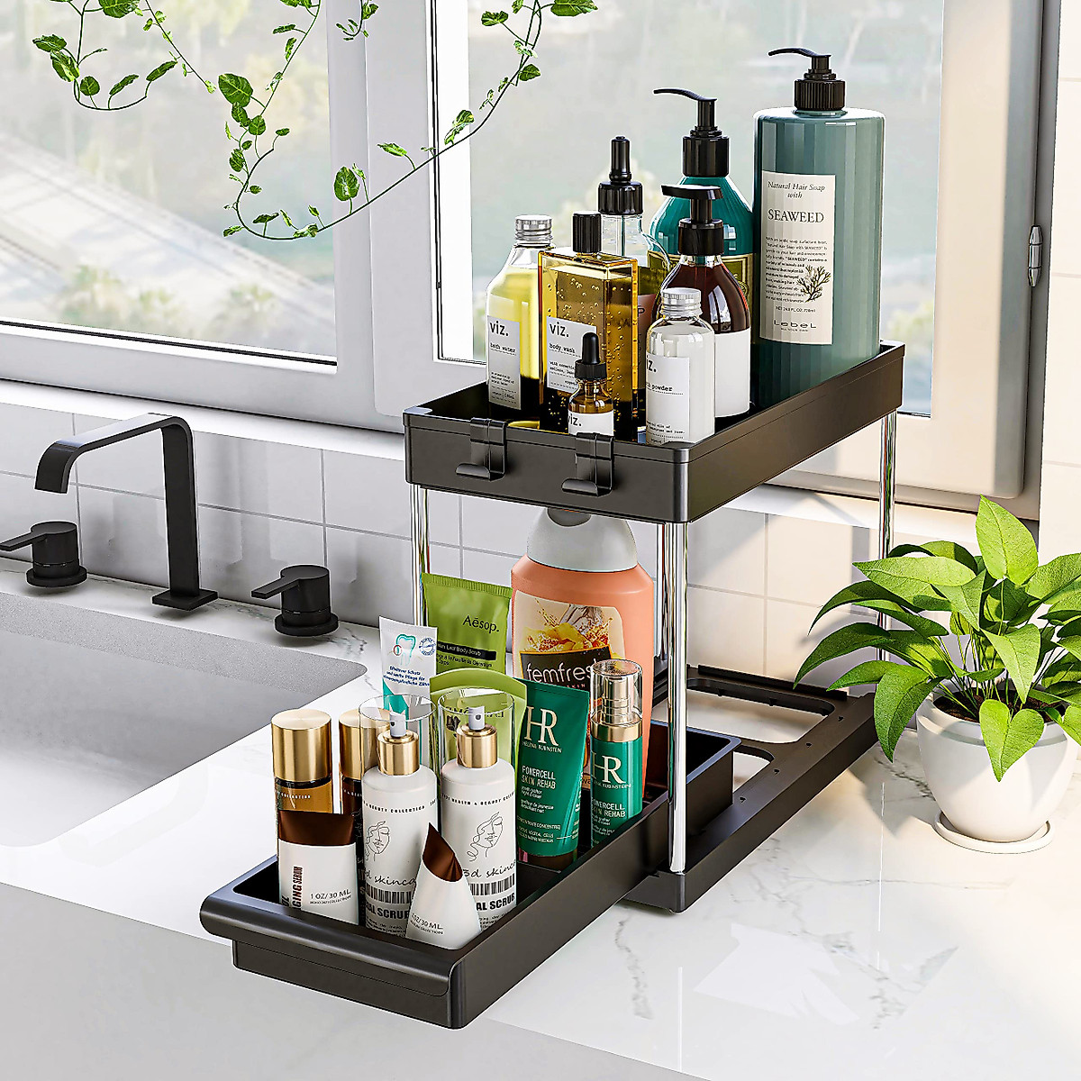 QualiapeX 2-Tier Under Sink Organizer, Kitchen Organization, Cabinet Storage Drawer Organizer with Hooks, Dividers, Handles, Bathroom Organizer, Easy-Grip & Hold-Out Sliding Drawer (Black 1 Pack)