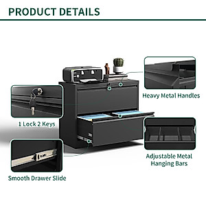 Yukimo 2 Drawer Lateral File Cabinet with Lock, Metal File Cabinets for Home Office Legal/Letter A4 Size, File Cabinet with 2 Drawer Storage Cabinet,Require Assembly,Black