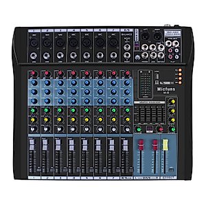 DJ Console Mixer Micfuns 8 Channel with Sound Board USB Bluetooth Audio Interface 48V Phantom Power Mixer Use for DJ Studio PC Recording Singing Webcast Party