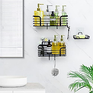 Shower Caddy, Adhesive Shower Organizer with Soap Dish and 4 Hooks, Rustproof Stainless Steel Shower Shelves, Wall Mounted No Drilling Storage Shelf Basket Accessories for Bathroom & Kitchen
