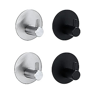 Sticky Round SUS304 Stainless Steel Round Hooks 4-Pack Can be Used on Walls in Kitche Bathroom Living Room Office etc Hanging Coat Hat Towel Robe Keys Clothe Towel Hooks (Black)