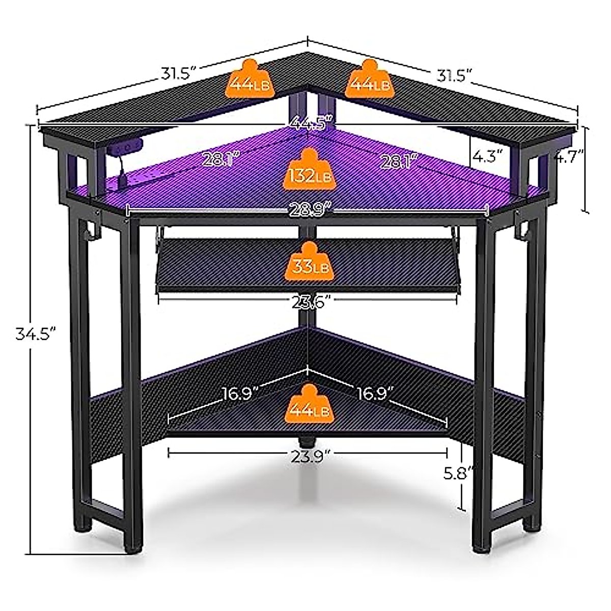 Rolanstar Corner Desk, 44.5" W x 34.5" H Small Carbon Fiber Computer Desk with Power Outlets, LED Lights and Keyboard Tray, Small Office Computer Desk with Monitor Stand for Small Space, Carbon Black