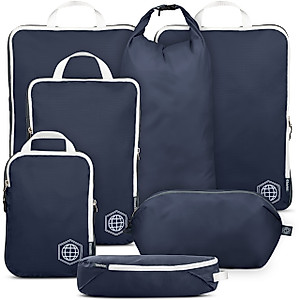 Extra Large Compression Packing Cubes for Travel Packaging Cube Luggage Organizers 7 Piece Set-Ultralight, Expandable/Compression Bags for Clothes (Navy/White))