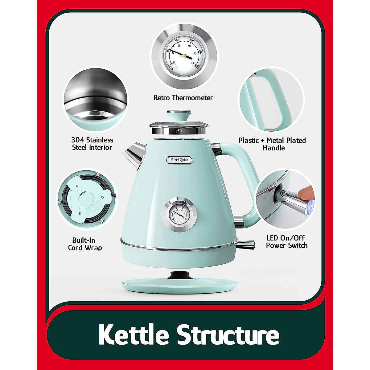 Hazel Quinn 1.7L Electric Kettle and 2-Slice Retro Toaster Set