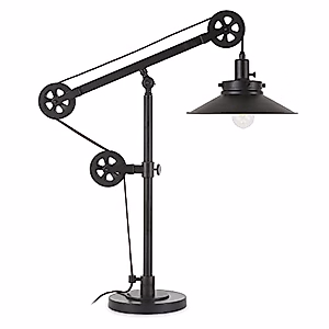Henn&Hart 29" Tall Wide Brim/Pulley System Table Lamp with Metal Shade in Blackened Bronze/Blackened Bronze, Laptop Desk, Computer Desk, Home Office