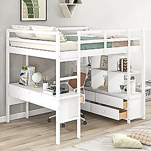 Quarte Multifunctional Full Size Solid Wood Loft Bed with Built-in Desk and Two Drawers,Storage Shelves,Guardrail and Built in Ladder,for Kids,Teens,Adults (White#L)