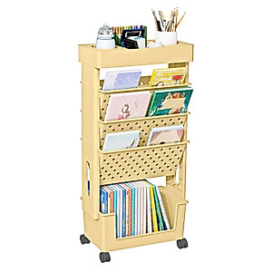 YEMUNY 5 Tier Rolling Utility Cart Multi-Functional Movable Storage Book Shelves with Lockable Casters for Study Office Kitchen Classroom, Yellow