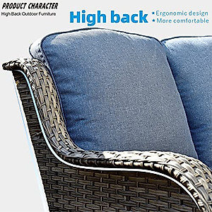 XIZZI Patio Furniture Set Outdoor Conversation Sofa with 30 Inch Square Propane Fire Pit Table All Weather PE Rattan Wicker High Back Outside Couch for Deck,Backyard and Garden,Grey Wicker Denim Blue