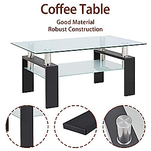 IANIYA Coffee Table with Metal Tube Legs, Glass and Rectangle End Table for Livingroom (Black)